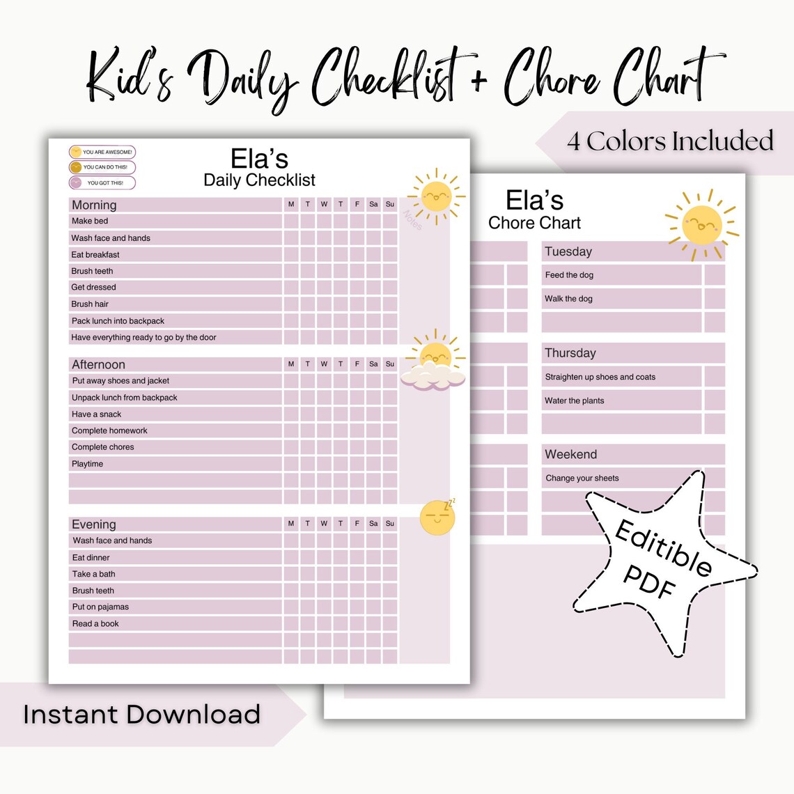 Editable Kid's Daily Checklist Weekly Chore Chart - Etsy