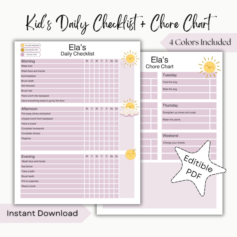 Editable Kid's Daily Checklist + Weekly Chore Chart - Etsy