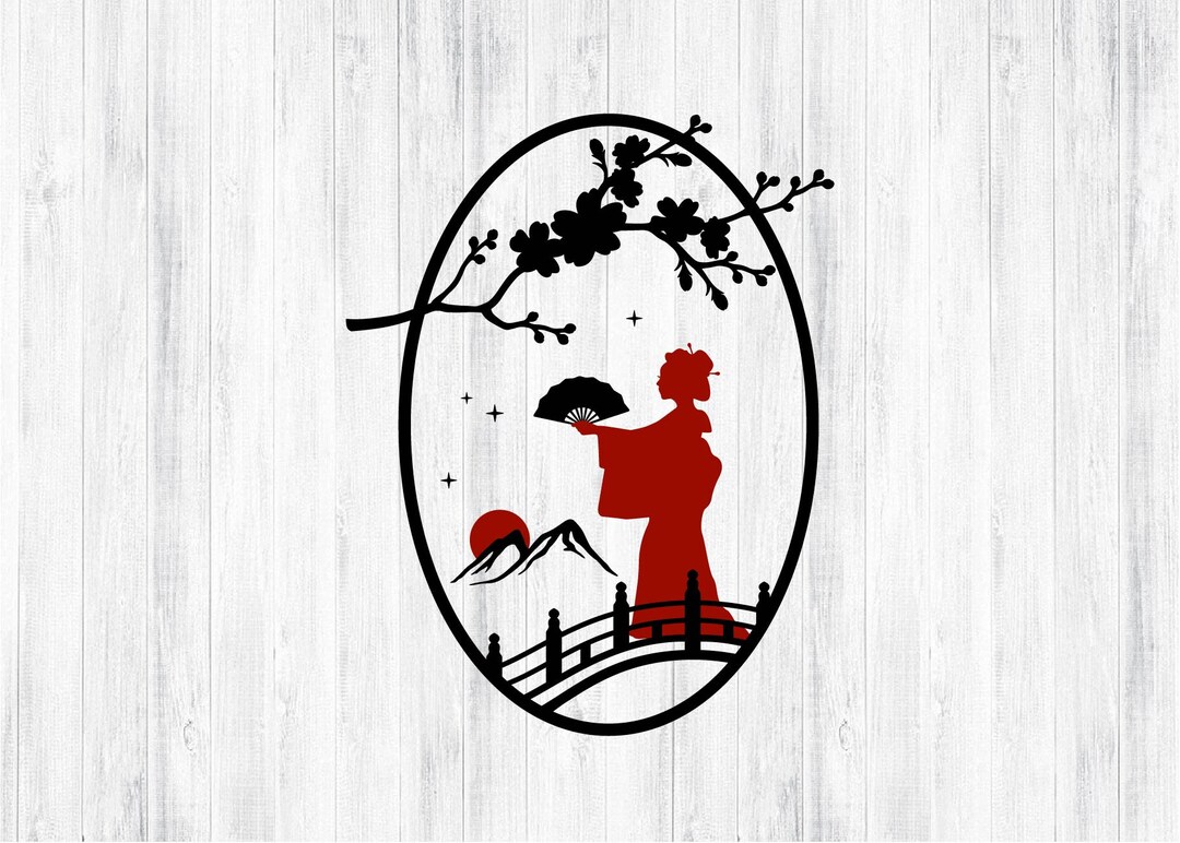 Geisha on a Bridge SVG PNG, Japanese Sunset Svg, Cherry Blossom Svg ...