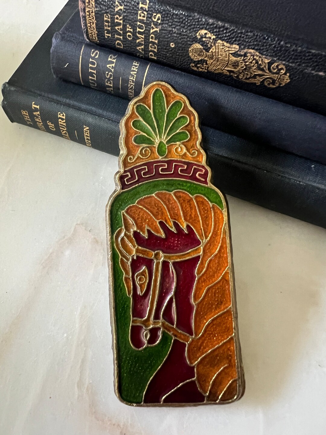 Vintage Brass Enamel Greek AOE Large Paper Clip Owl of Athena and Horse ...