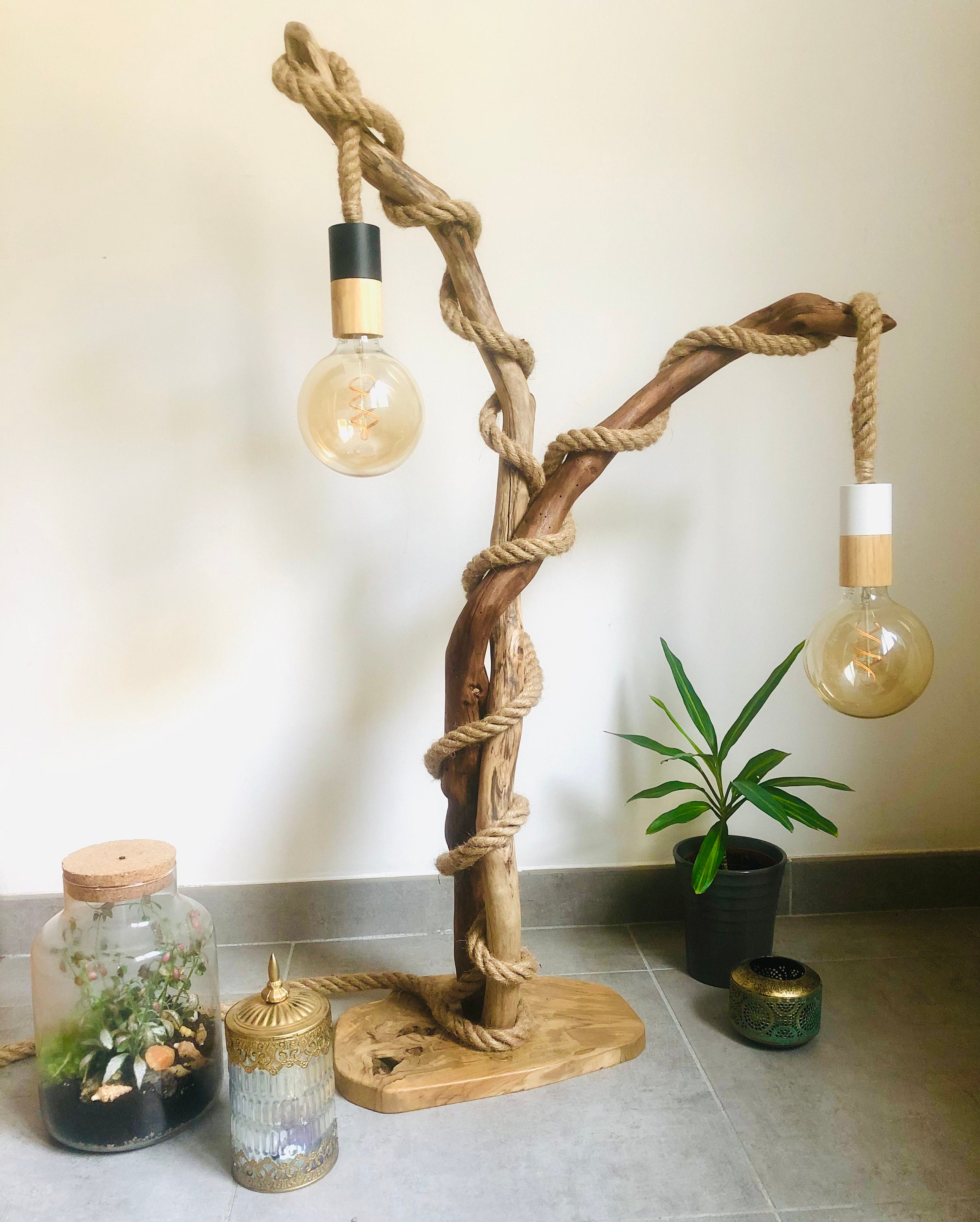 Handmade Designer Lamp, Vintage Connected Bulb and Jute Cable. Teak and ...