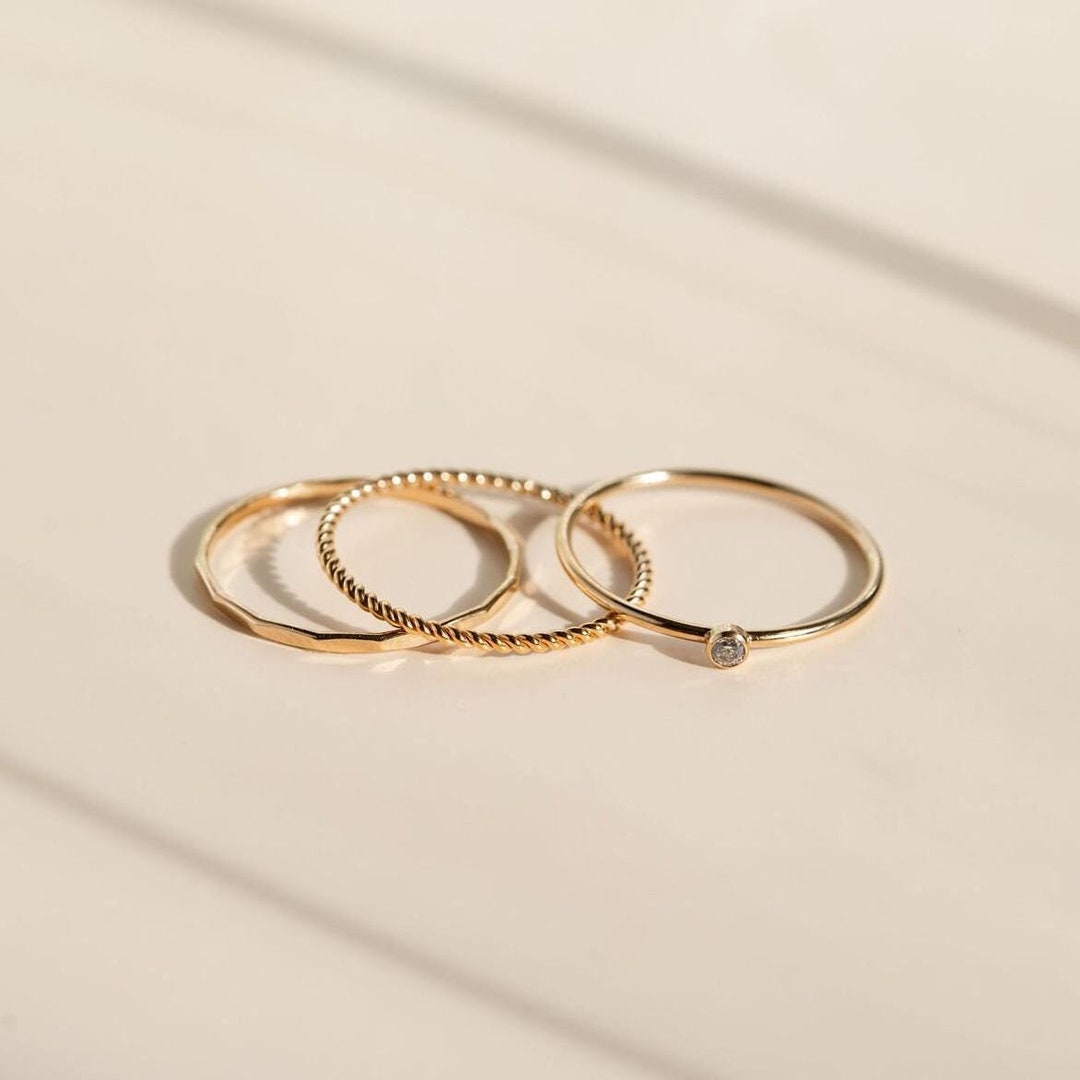 14k Gold Filled Ring Set: Hammered, Twist & CZ Stacking Rings - Etsy