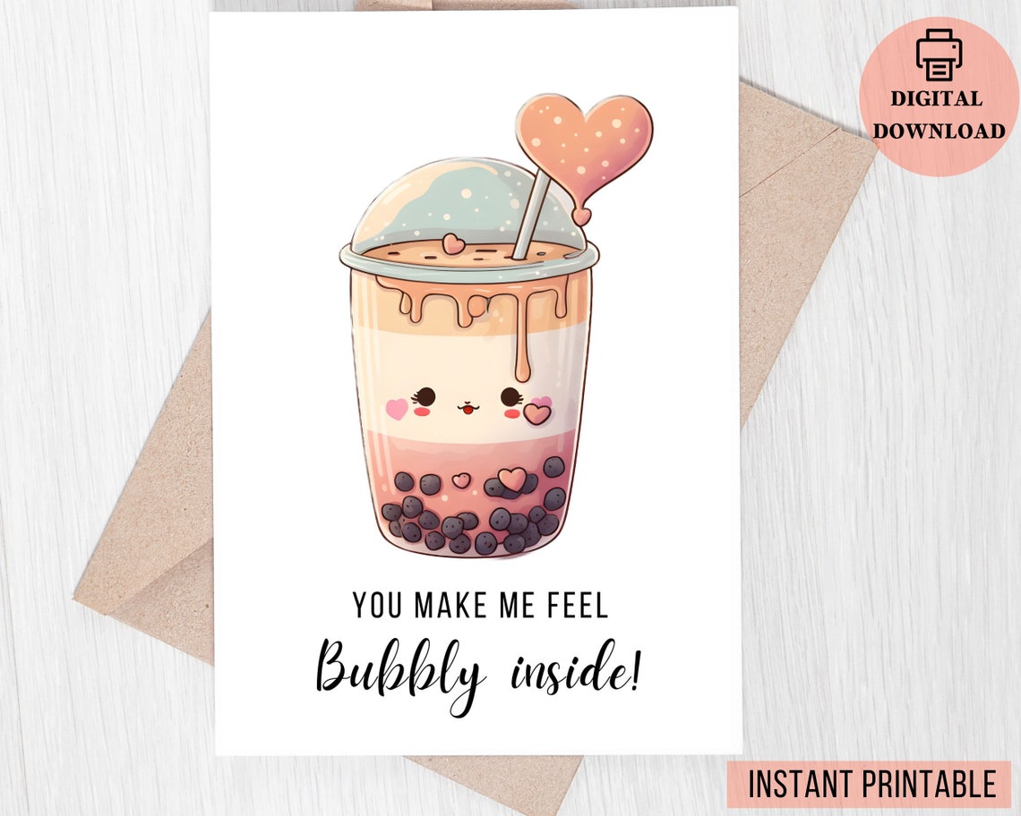 Bubble Tea Boba Card Printable Valentine's Day, Anniversary Card Happy ...