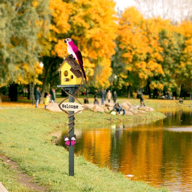 Wooden Bird House Post, Bird House on Pole, Bird House Stand ...