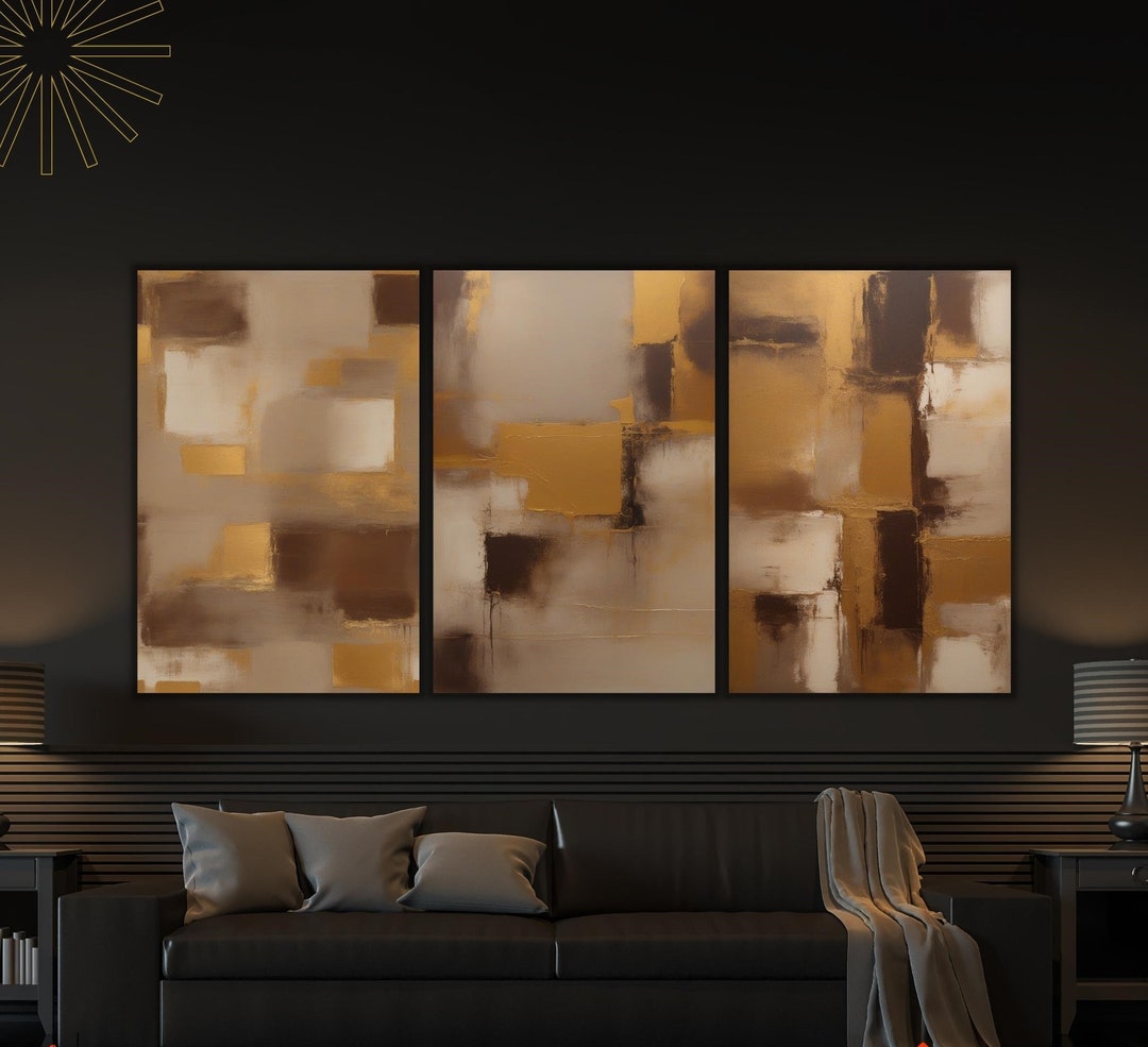 Mark Rothko Style Gold Set of 3 Gold and Brown Canvas Panel Geometric ...