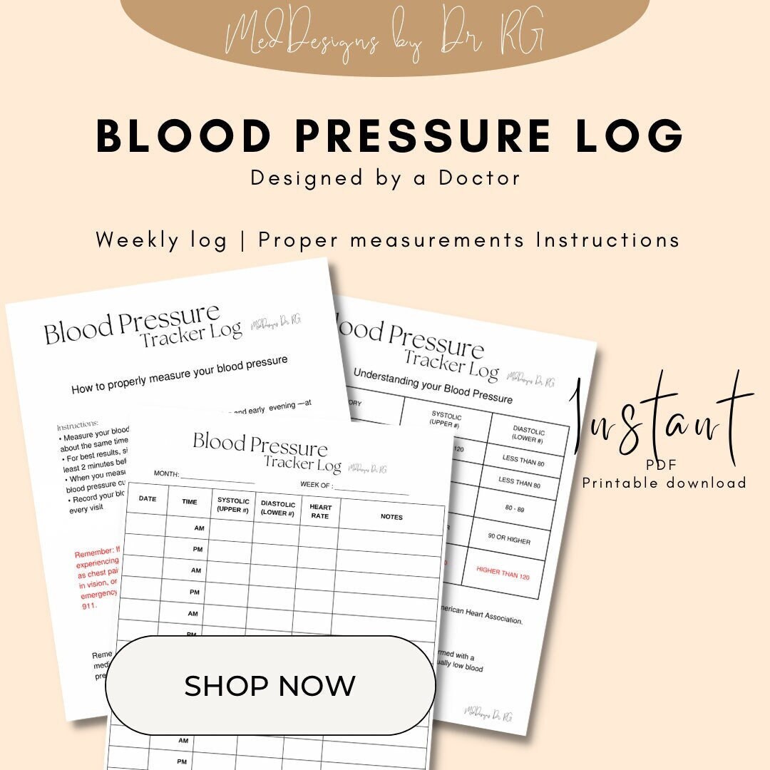 Printable Weekly Blood Pressure Tracker Log, Blood Pressure Monitor ...