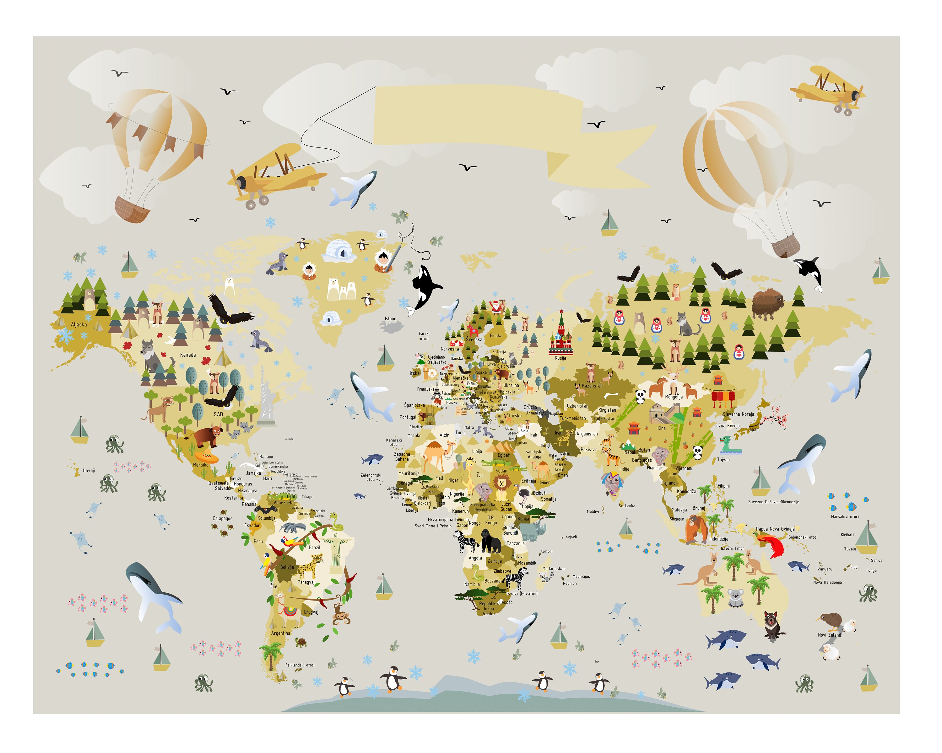 Beige World Map-world Map Poster-large Wall Travel Map Print-detailed ...