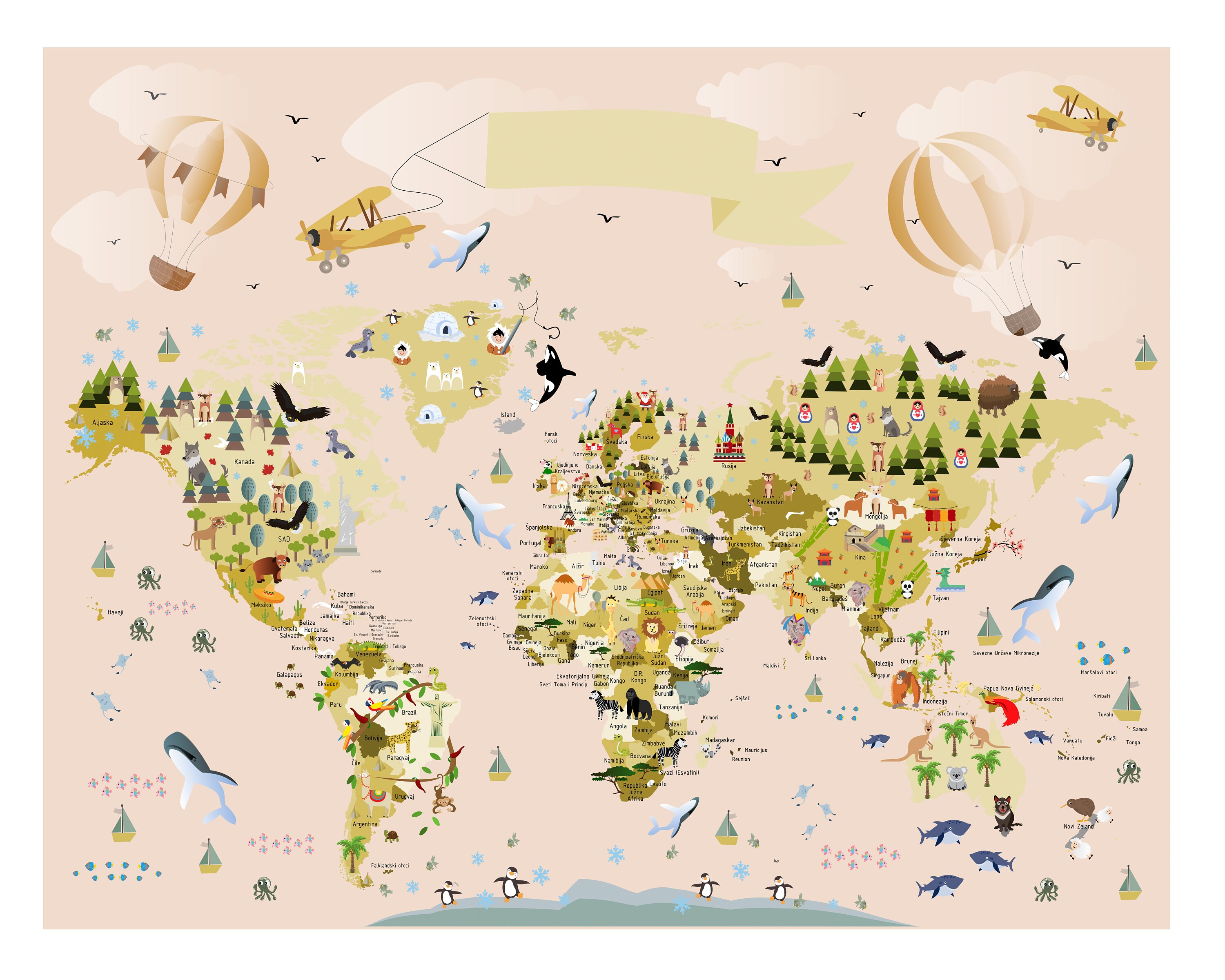 Beige World Map-world Map Poster-large Wall Travel Map Print-detailed ...