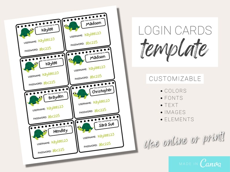 Turtle Student Login Cards Login Cards for Students and Teachers Turtle ...