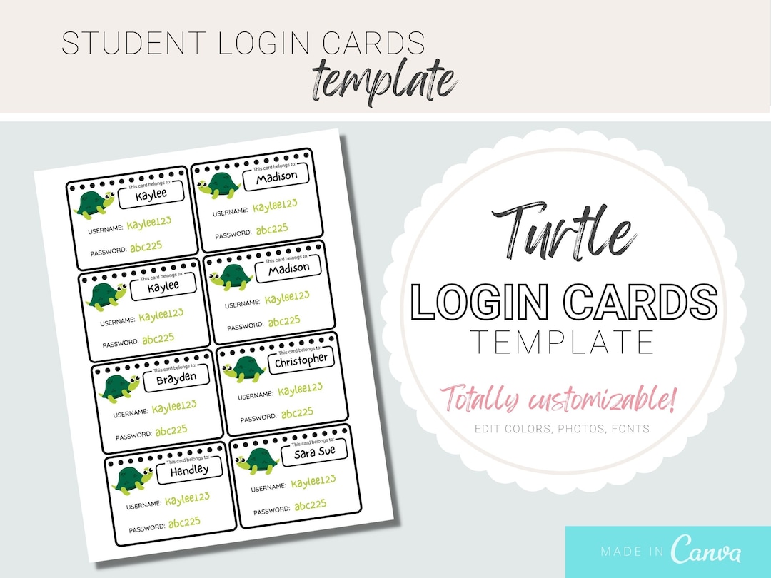 Turtle Student Login Cards Login Cards for Students and Teachers Turtle ...