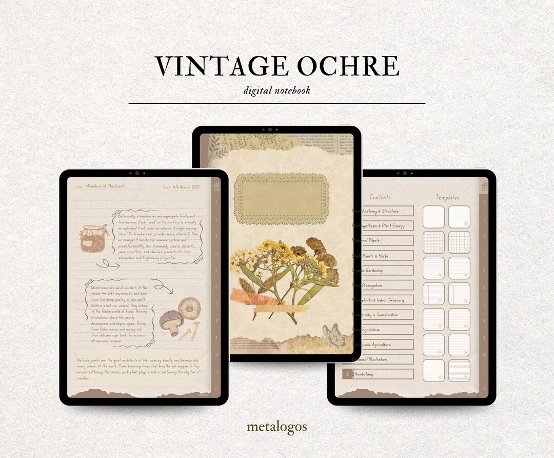 12 TABS Vintage Classic Flower Digital Notebook With Hyperlinks OCHRE ...