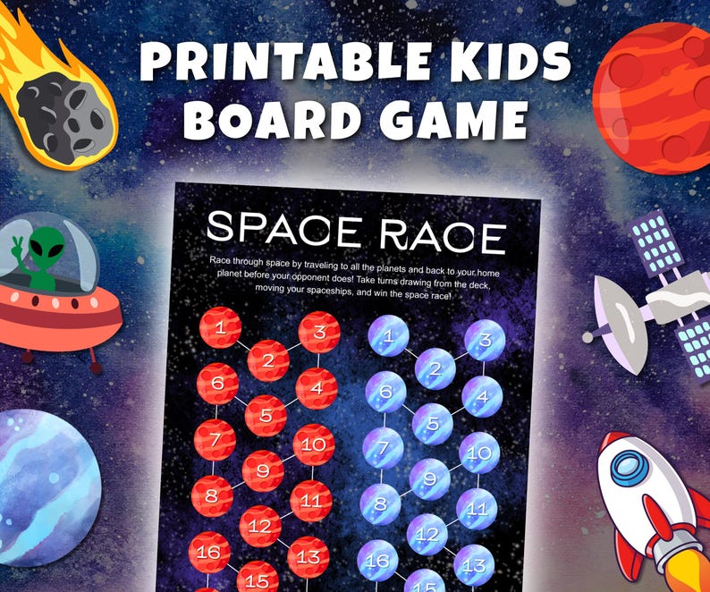 Space Race Printable Board Game: Outer Space Themed Kids / Family Game ...