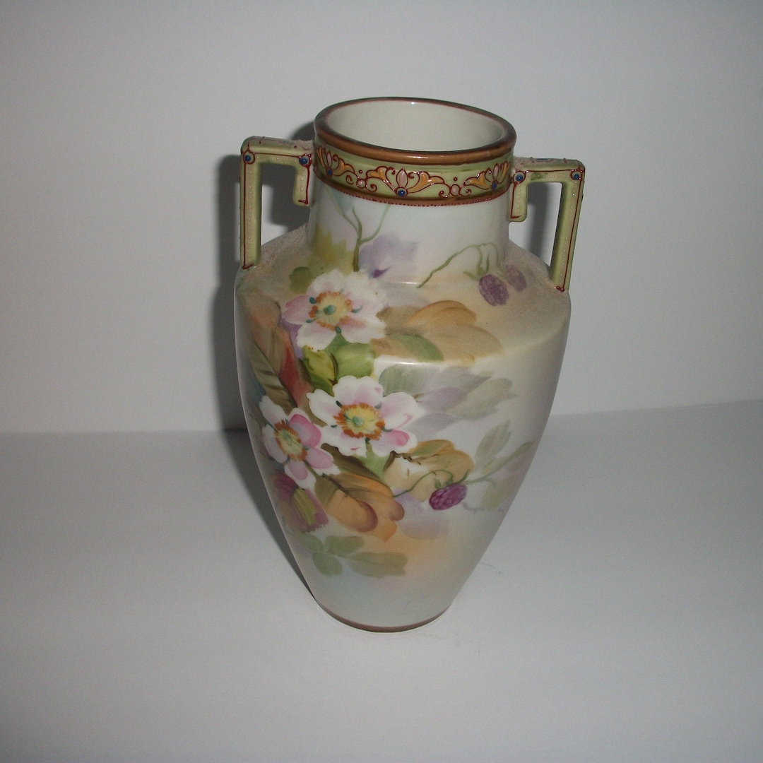 Antique Nippon Hand Painted Fine Porcelain Vase, Two Handles, Made in ...