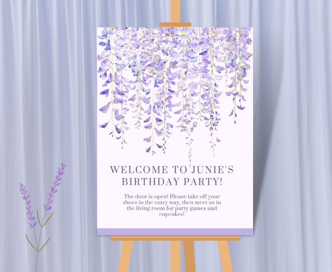 Spring Theme Birthday Party Welcome Sign - Customizable Purple Flowers ...