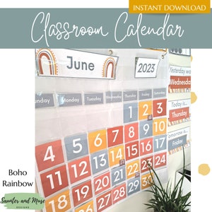 Boho Rainbow Classroom Pocket Calendar - Rainbow - Classroom Calendar ...