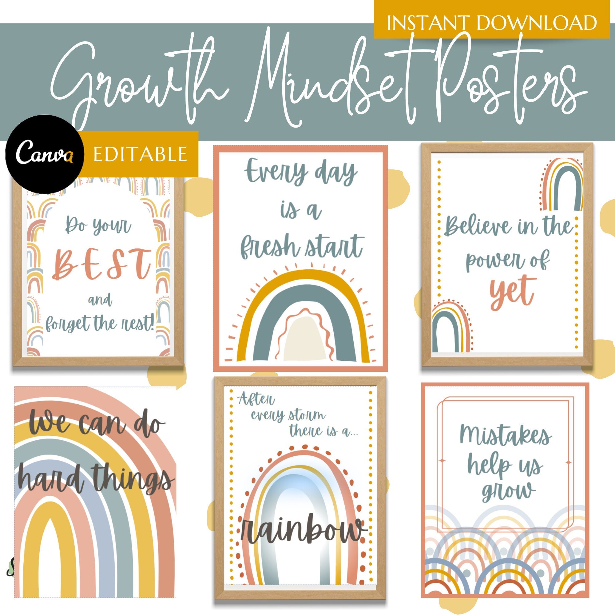 Growth Mindset Posters Rainbow Printable Classroom Growth Mindset ...