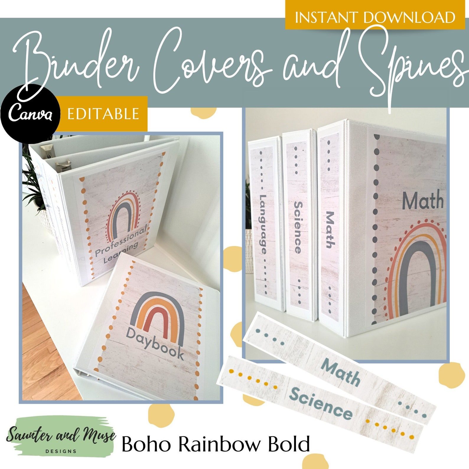 Boho Rainbow Bold Shiplap Binder Covers Boho Rainbow Editable A4 and ...