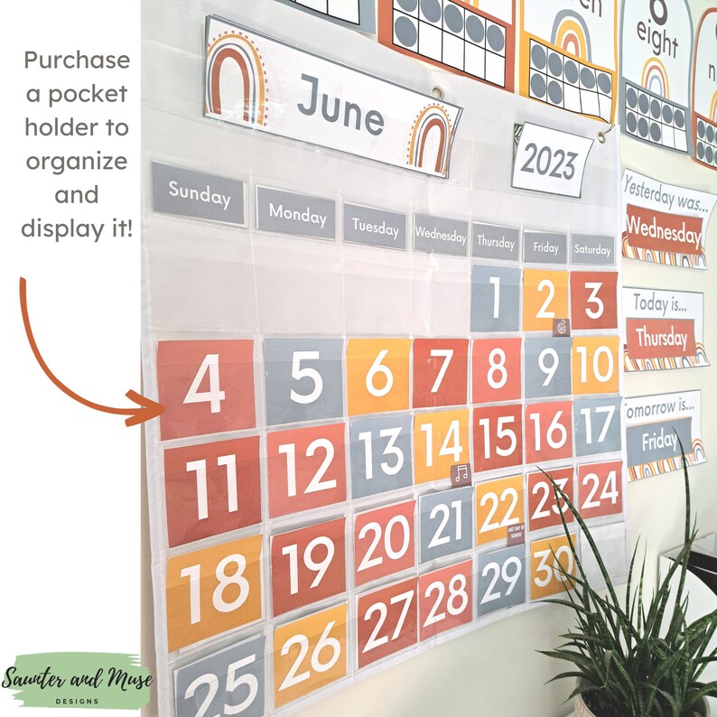 Boho Rainbow Classroom Pocket Calendar - Rainbow - Classroom Calendar ...