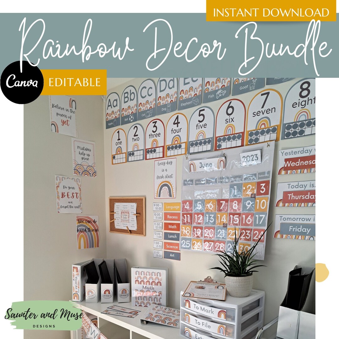 BUNDLE - Boho Rainbow Classroom Decor Bundle - Rainbow Classroom ...