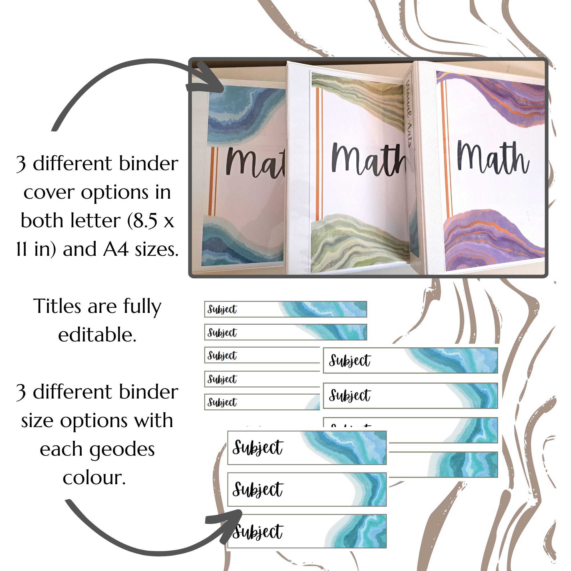 Geodes and Gemstones Binder Covers and Spines - Editable - A4 and ...