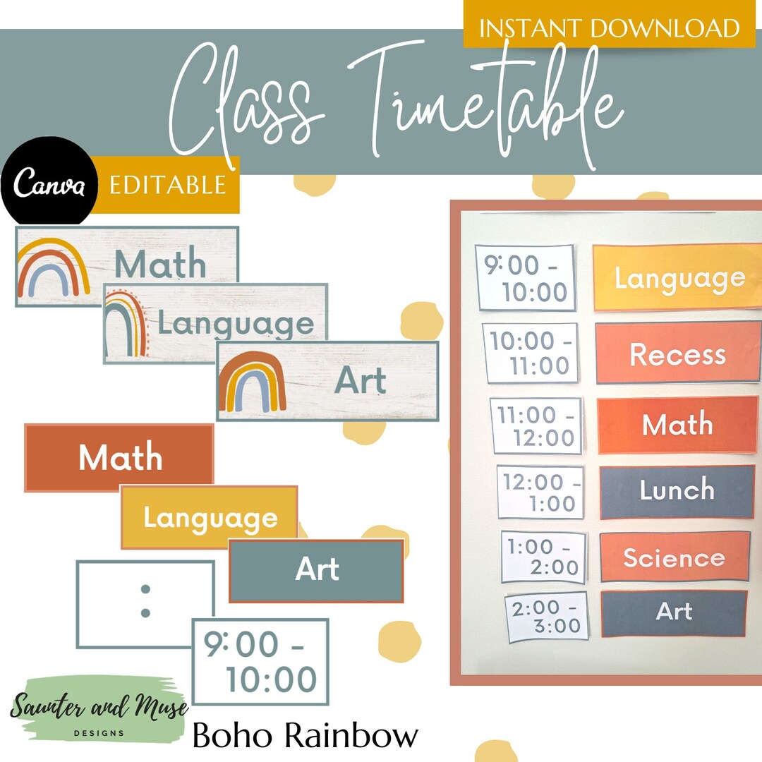 Boho Rainbow Schedule Cards - Classroom Timetable - Editable - Visual ...