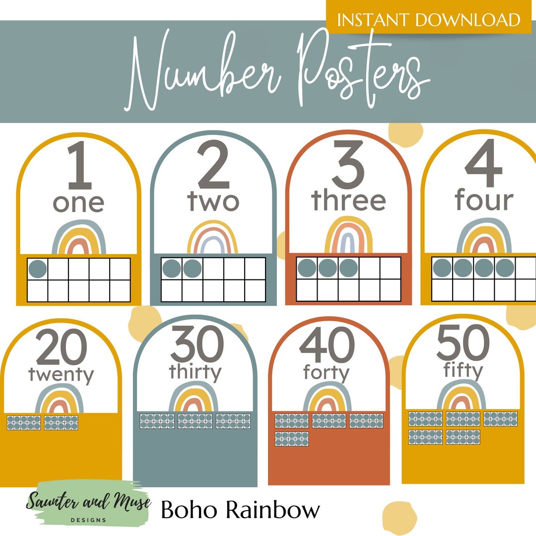 Boho Rainbow Number Posters Printable Number Posters Instant Download ...