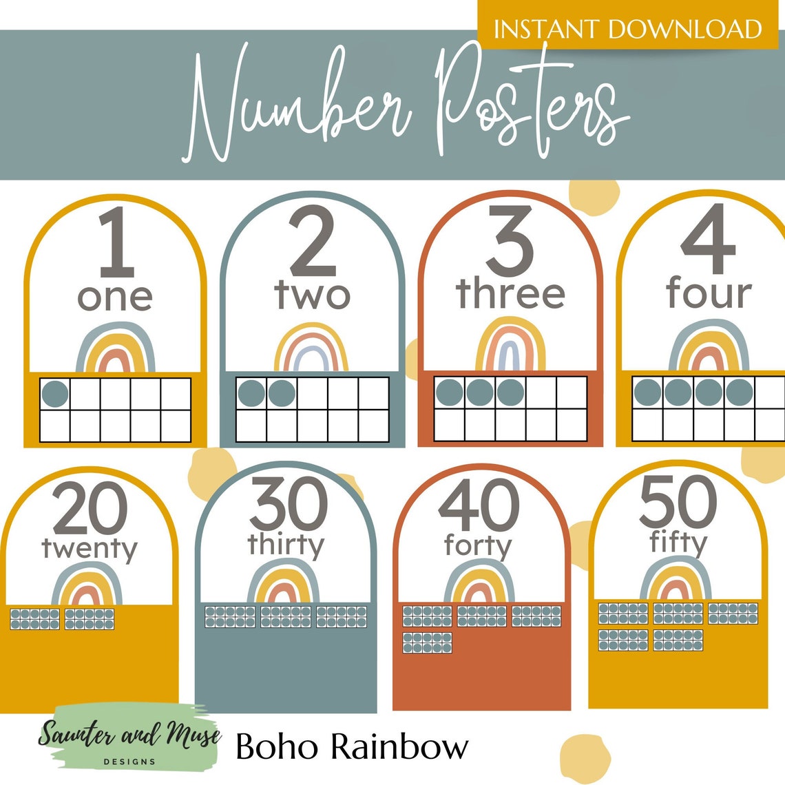 Boho Rainbow Number Posters Printable Number Posters Instant Download ...