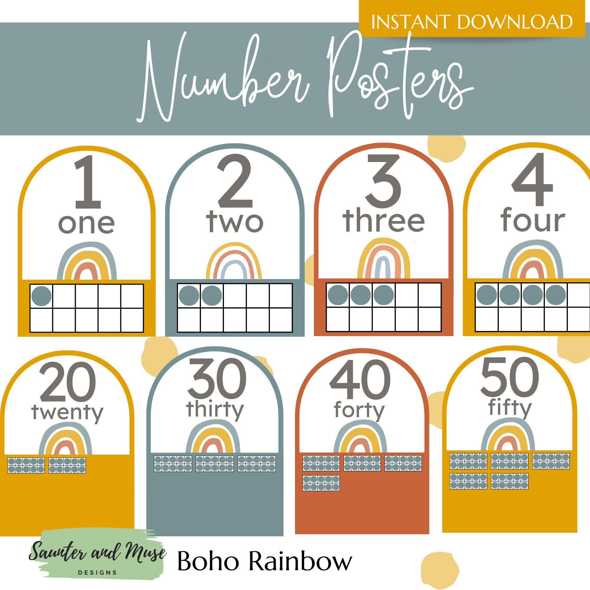 Boho Rainbow Number Posters Printable Number Posters Instant Download ...