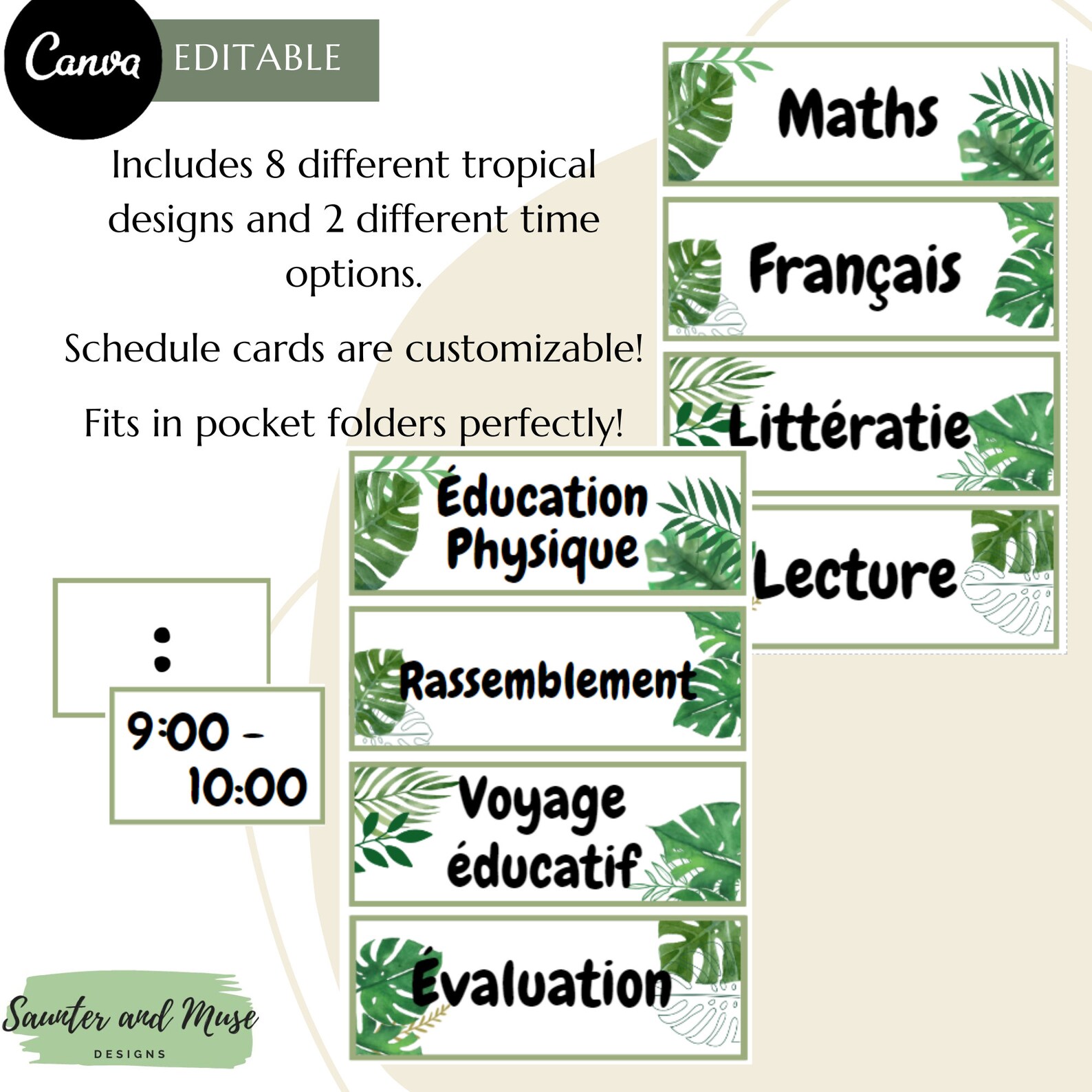 Français - Tropical Botanical Schedule Cards - Classroom Timetable ...
