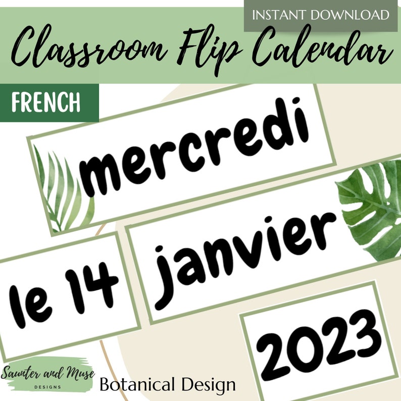 Plants Classroom French Flip Calendar Tropical Leaves Classroom Decor ...