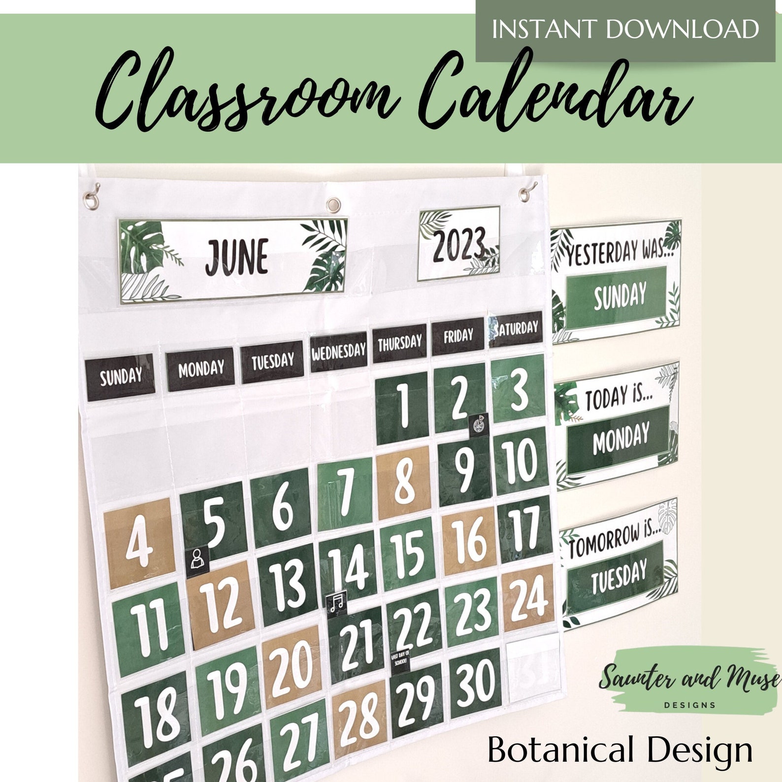 Tropical Botanical Classroom Pocket Calendar Tropical Leaves Classroom ...