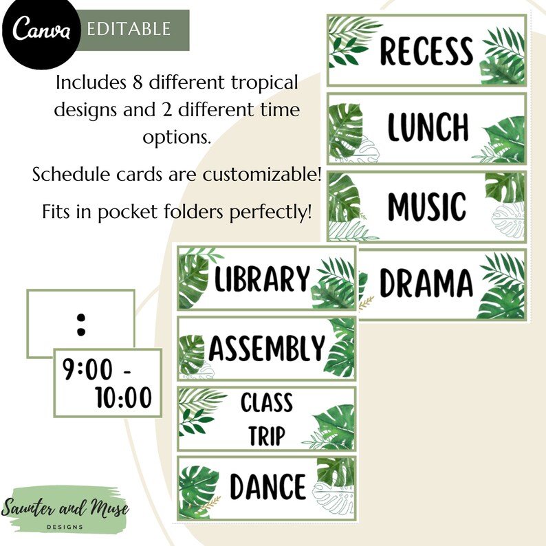 Tropical Botanical Schedule Cards - Classroom Timetable - Editable ...