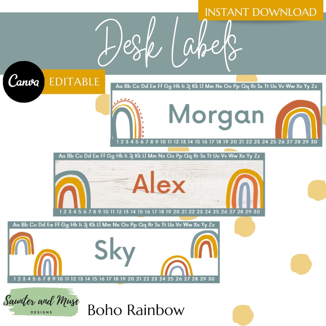 Boho Rainbow Classroom Desk Labels - Instant Download - Editable ...