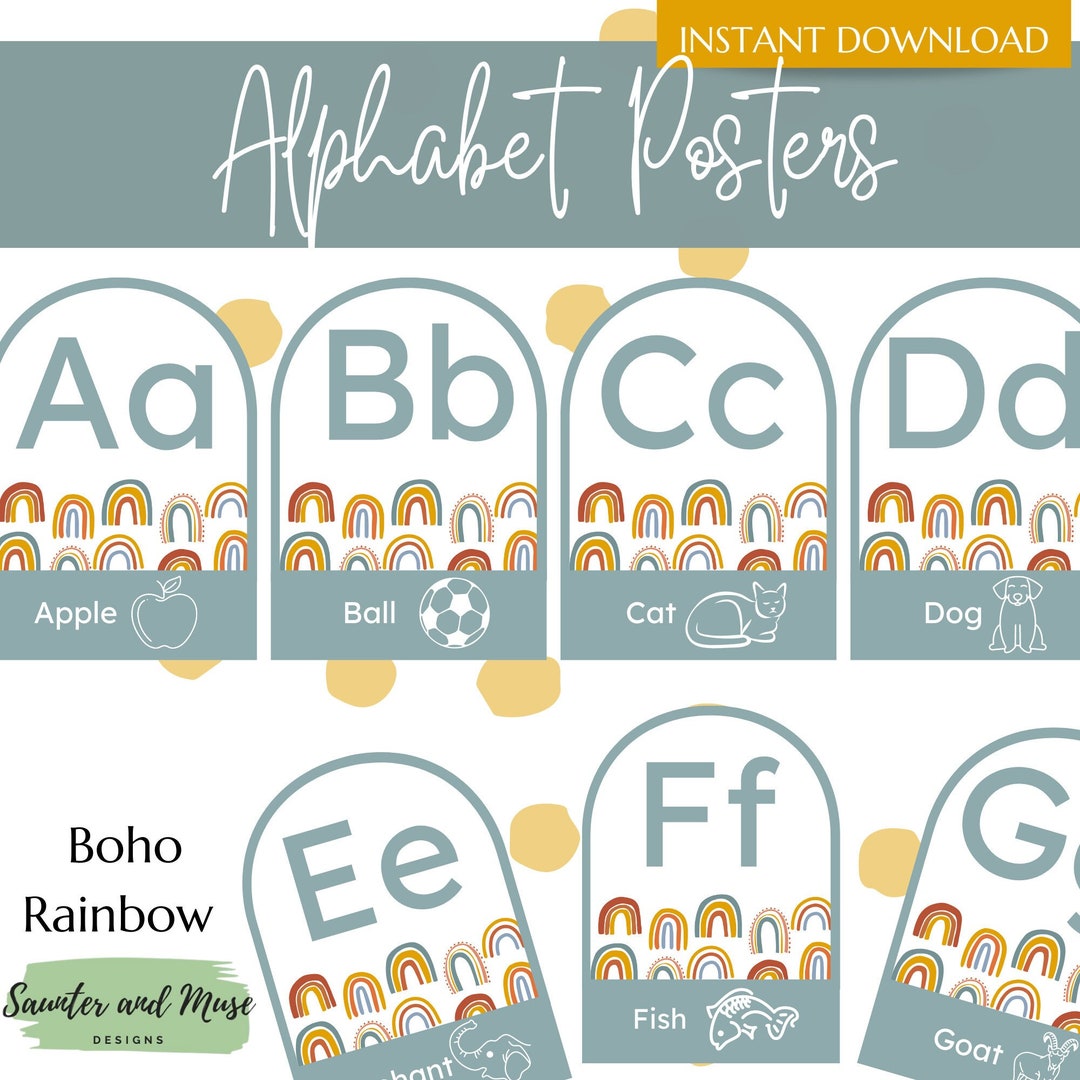Boho Rainbow Alphabet Posters Printable Classroom Alphabet Instant ...