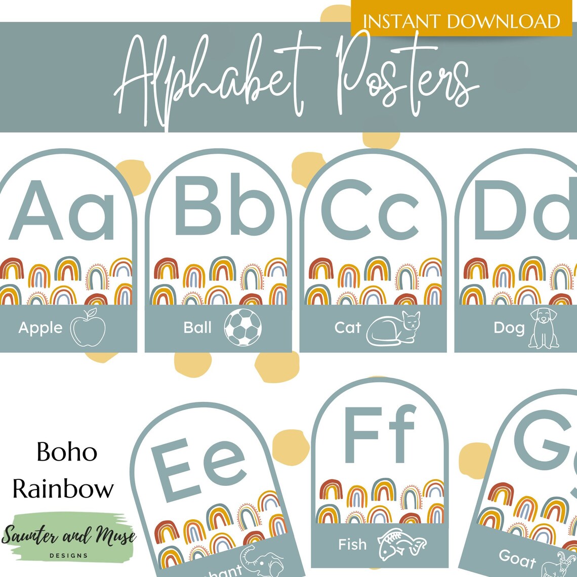 Boho Rainbow Alphabet Posters Printable Classroom Alphabet Instant ...
