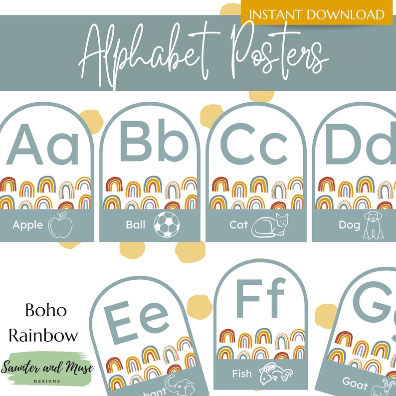 Boho Rainbow Alphabet Posters Printable Classroom Alphabet Instant ...