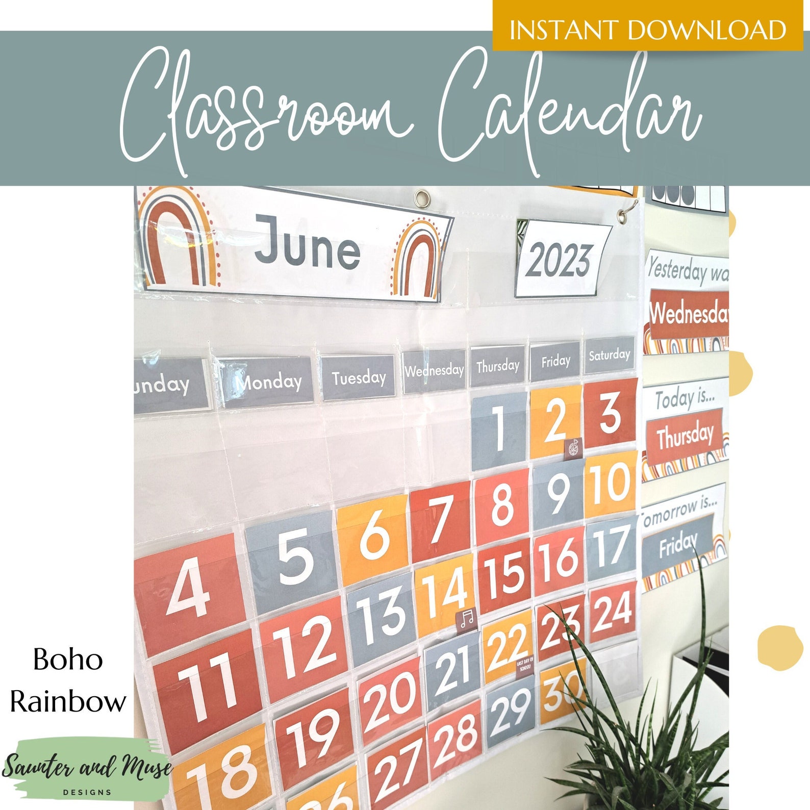 Boho Rainbow Classroom Pocket Calendar - Rainbow - Classroom Calendar ...