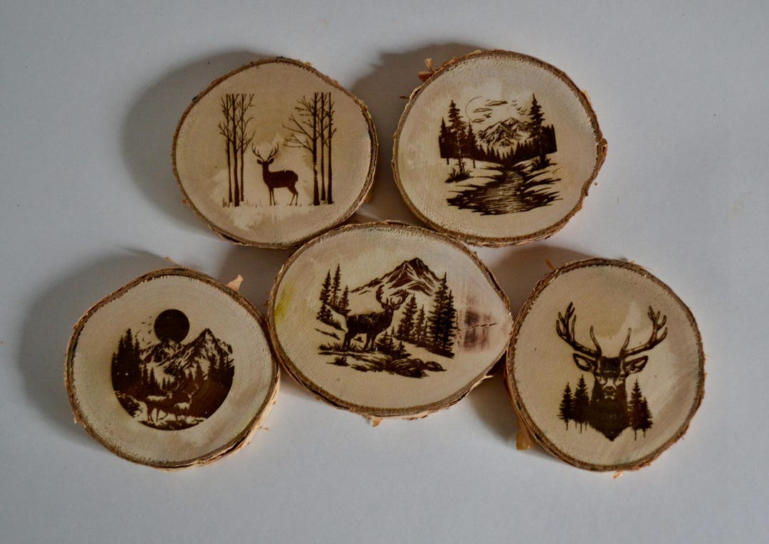 River Birch Wood Coasters With Laser Engraved Nature Designs (set of 5 ...