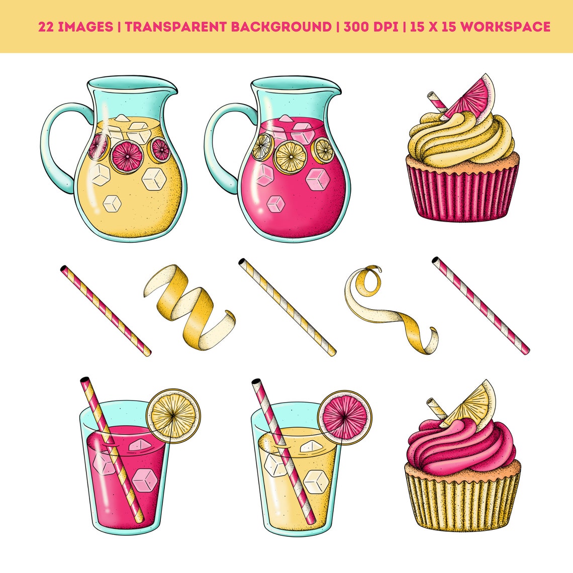 Pink Lemonade Party Clipart Bundle, Pink Lemonade Clipart, Lemonade PNG ...