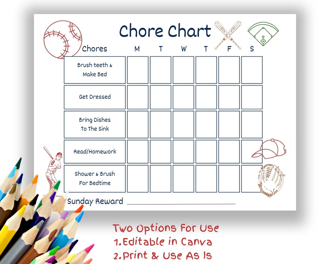 Baseball Chore Chart: Editable Kids Daily & Weekly Planner (digital ...