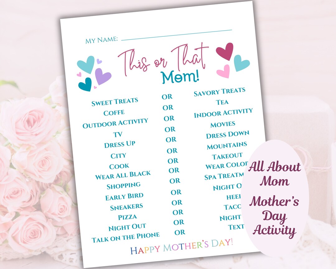 Printable, This or That Mom, All About Mom, Mother's Day Printable ...