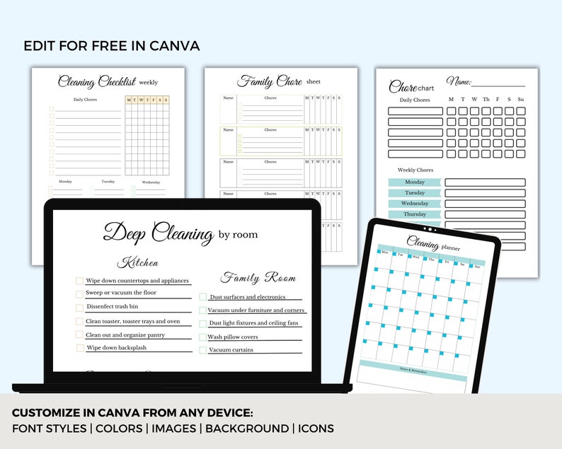 Editable Cleaning Checklist Bundle: Household Chore Charts (digital ...