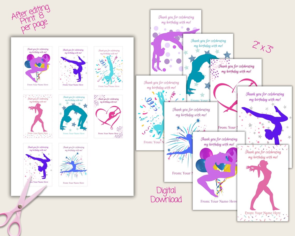 Editable Gymnastics Party Favor Tags: Birthday Gift Tag (digital ...