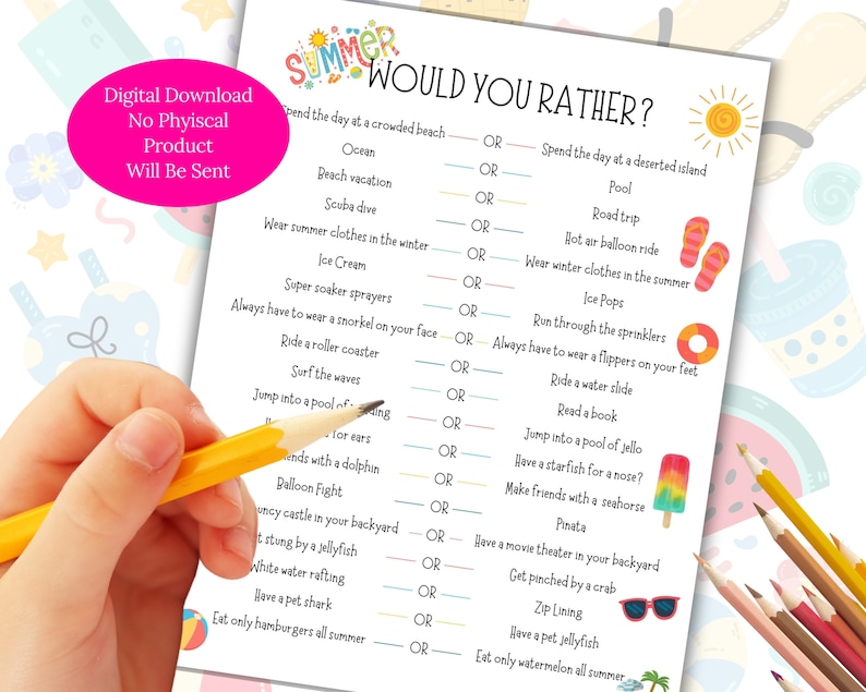 Summer Fun Would You Rather Printable, Beach Theme, Vacation Theme ...