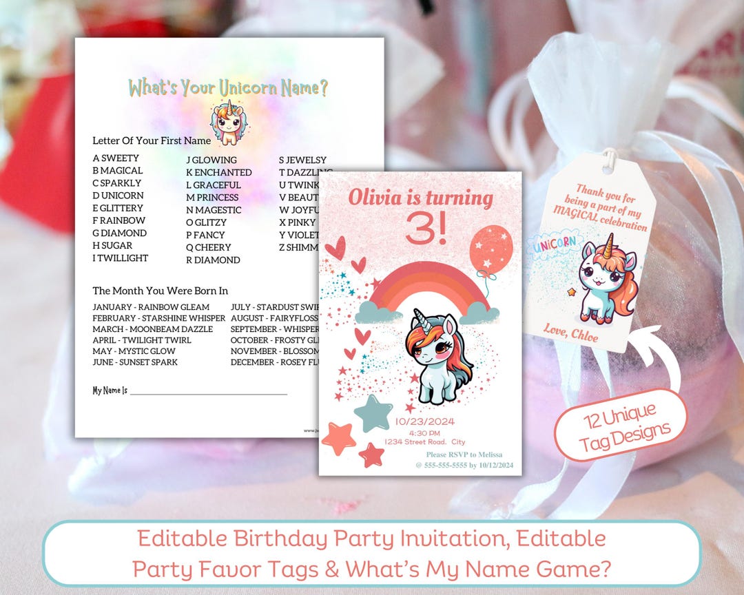 Editable Unicorn Theme Bundle, 12 Unique Editable Party Favor Tags ...