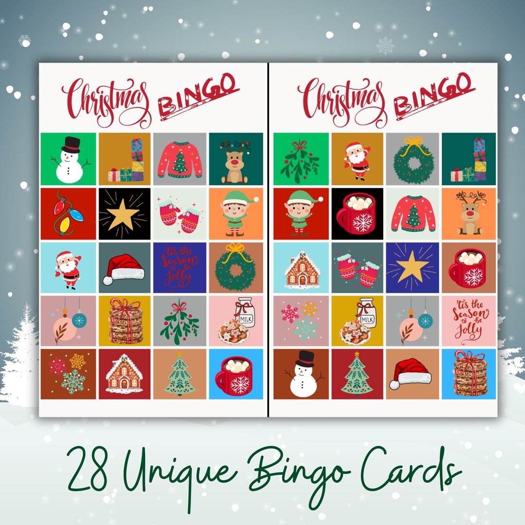 Christmas Bingo Cards, Printable Christmas Bingo, 28 Christmas Bingo ...