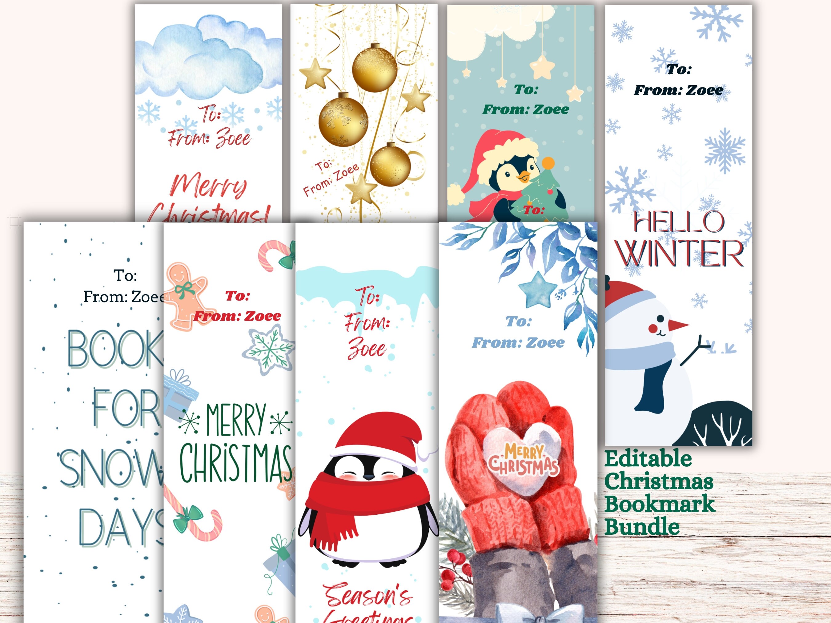 Editable Bookmarks, 8 Christmas Printable Bookmarks, Stocking Stuffer ...