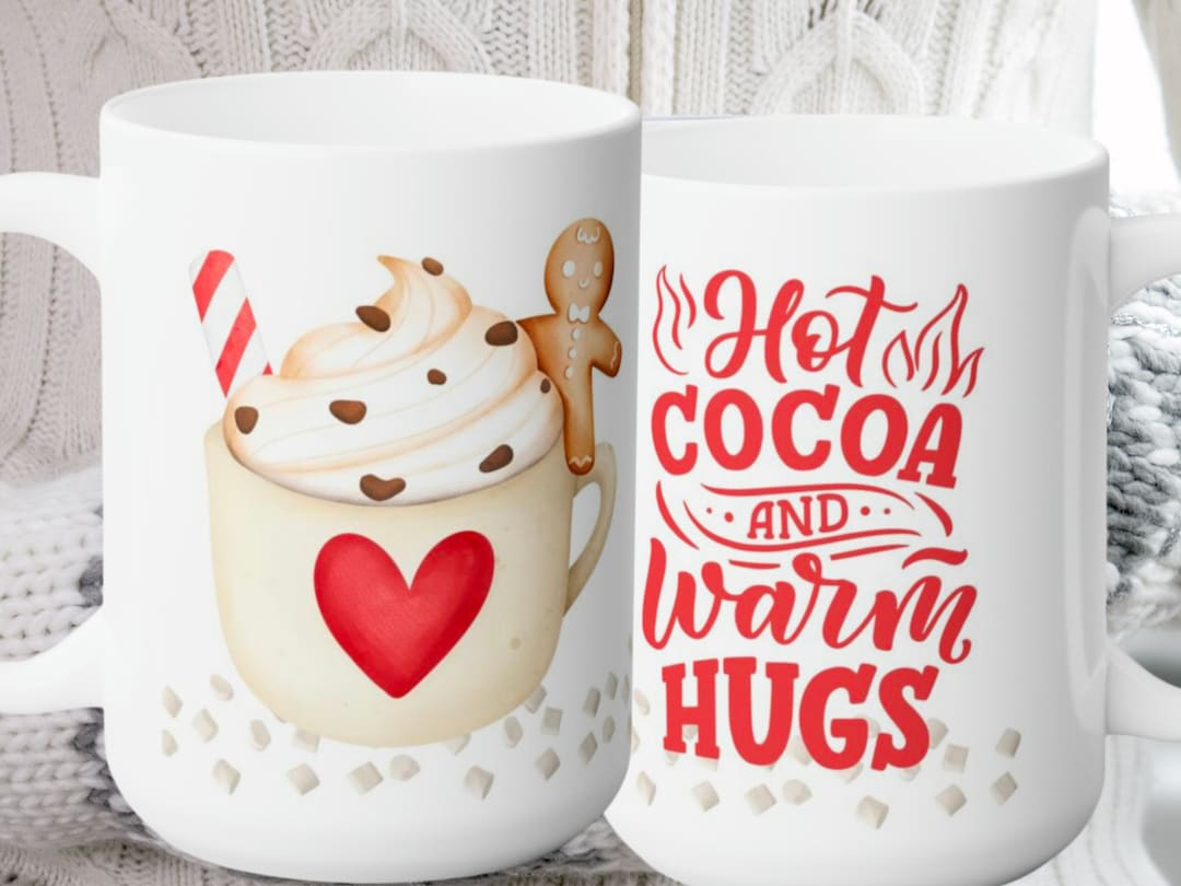 Christmas Mugs, Hot Cocoa and Warm Hugs Mug, Holiday Gifts, Hanukkah Mugs, Coffee Mugs, Secret ...
