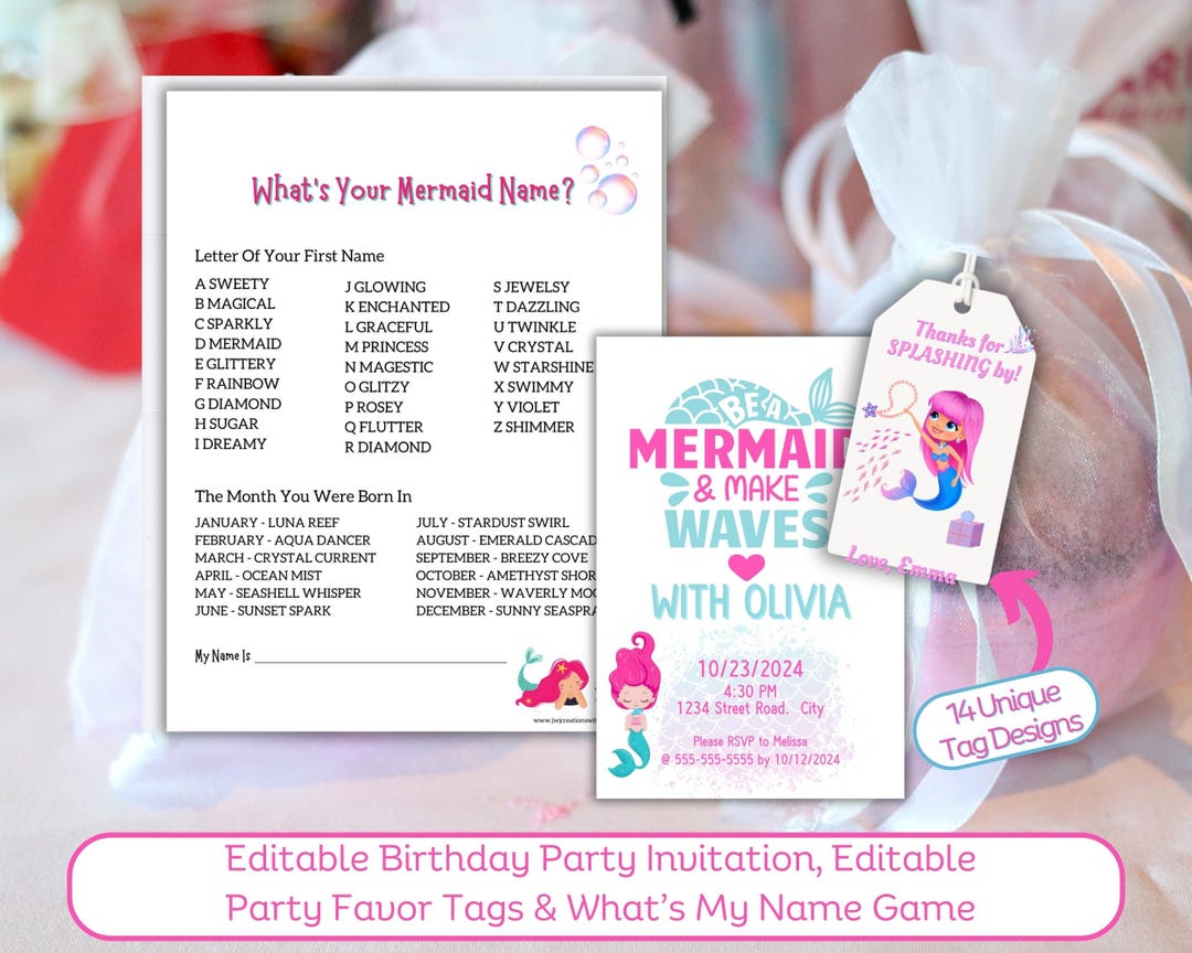 Mermaid Theme Bundle, 12 Unique Editable Party Favor Tags, Editable ...