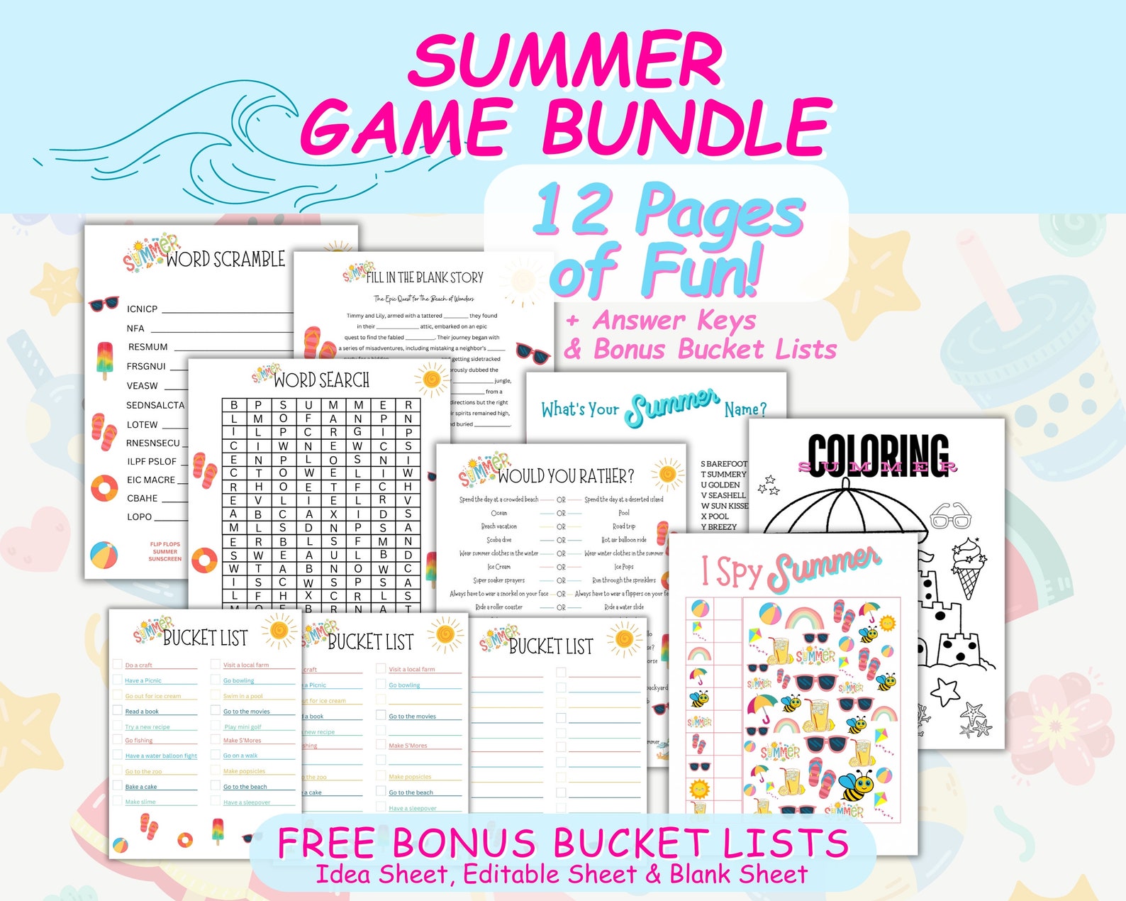 Summer Game Bundle Printable, Would You Rather, Word Scramble, Word ...